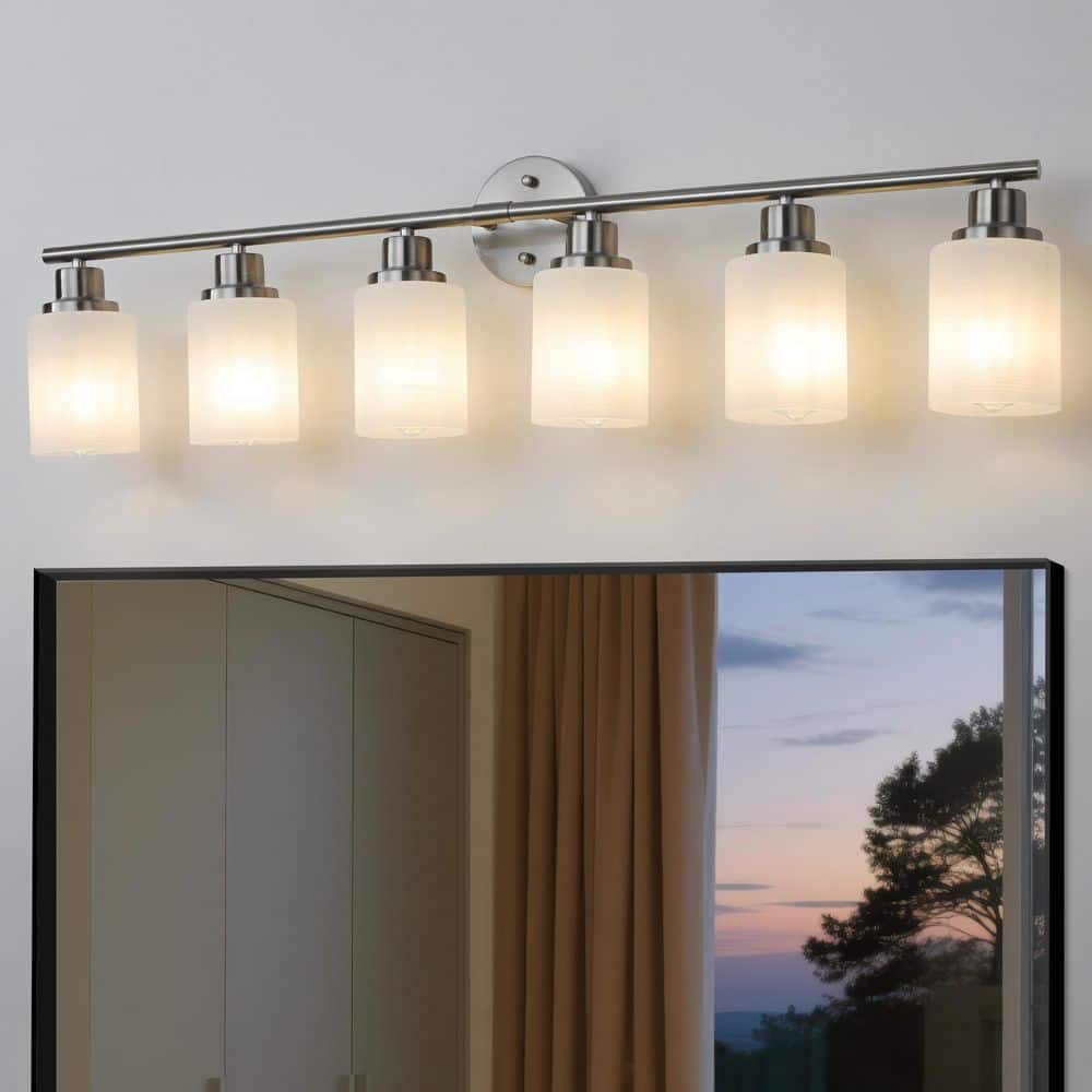 GMGSROM 38.6 in. 6-Light Brushed Nickel Bathroom Vanity Light Fixture with Frosted Glass Shades ...