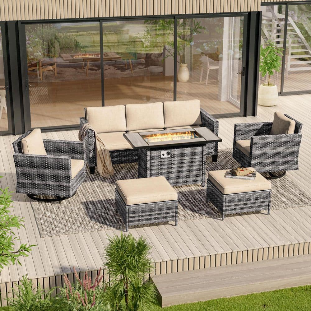 Sonkuki 6-Pieces Patio Conversation Set with Rectangle Fire Pit Table ...