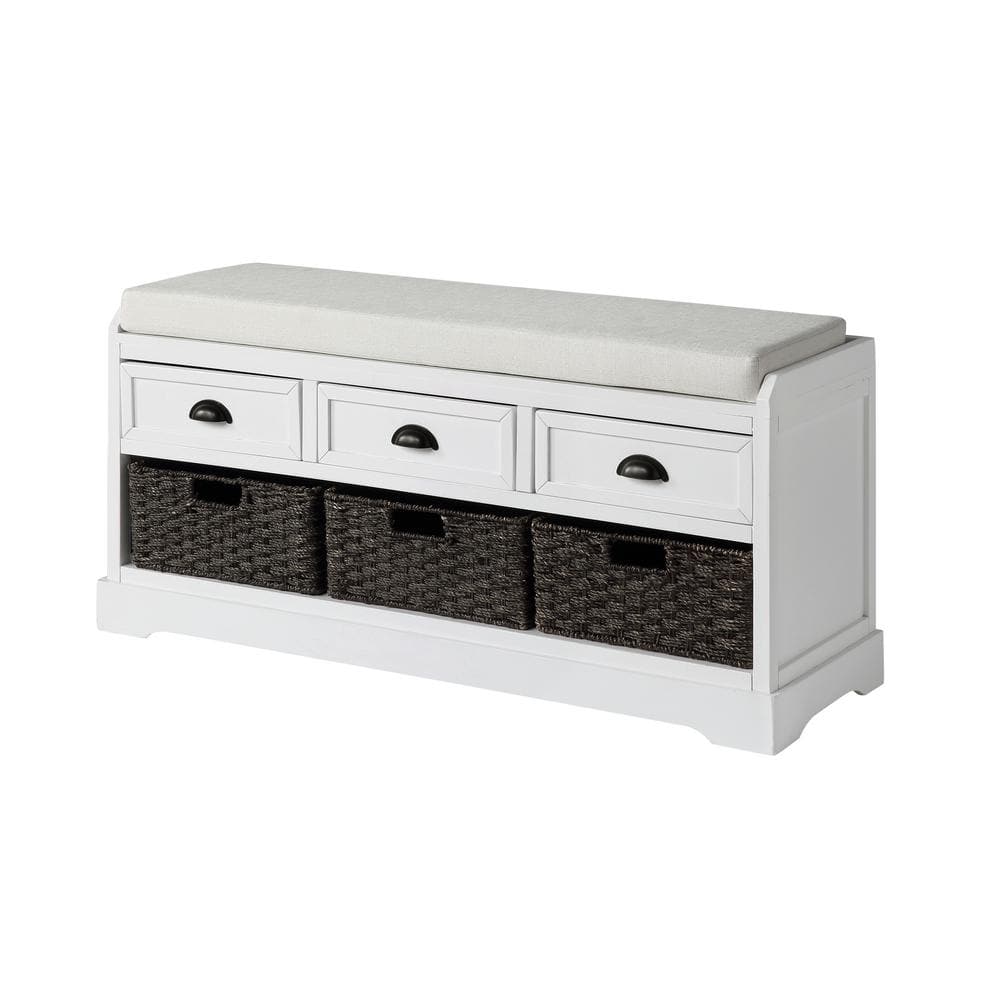 URTR White Wooden Storage Bench w/ 3-Drawers, 3-Baskets and Cushion for ...