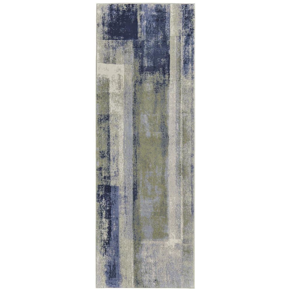 HomeRoots 2 ft. x 8 ft. Blue and Green and Ivory Abstract Area Rug ...
