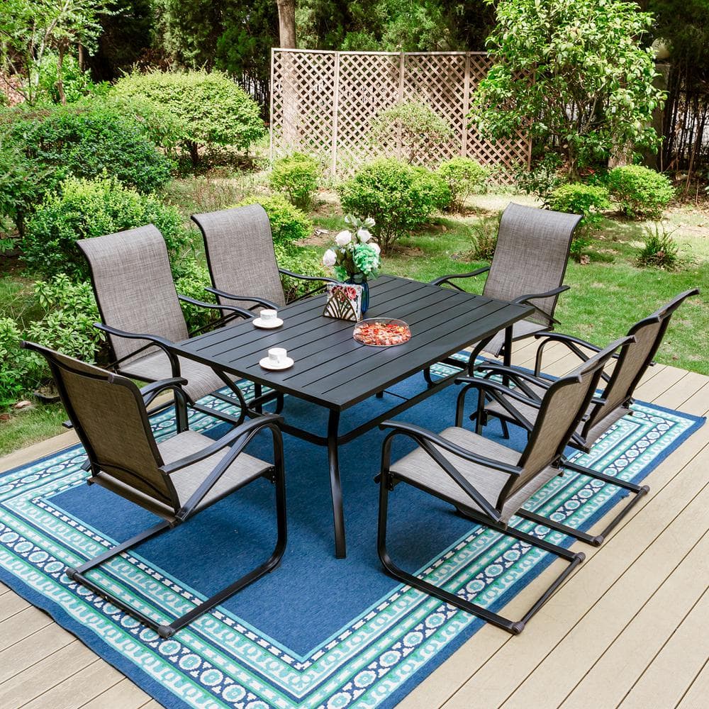 PHI VILLA Black 7-Piece Metal Patio Outdoor Dining Set with Slat ...