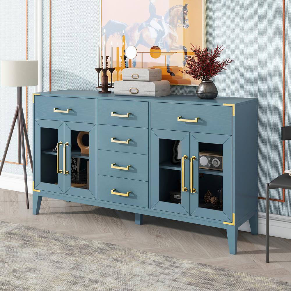 Harper & Bright Designs Antique Blue MDF 60 in. Retro Sideboard with ...