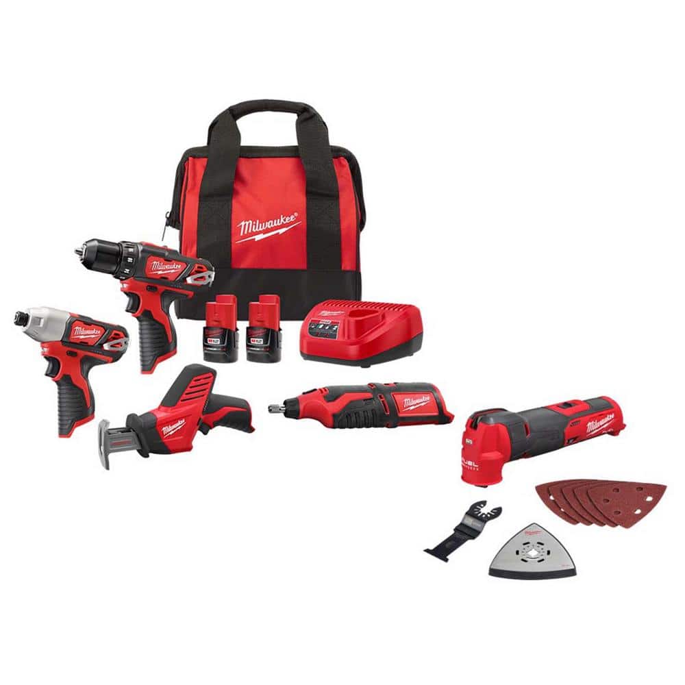 Milwaukee M12 12V Lithium-Ion Cordless 4-Tool Combo Kit with (2) Compact 1.5Ah Batteries and ...