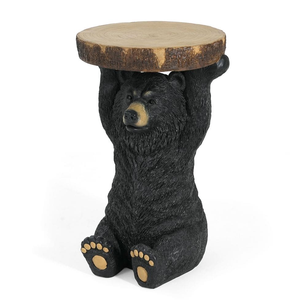Black Composite Bear Pedestal Outdoor Side Table with Realistic Textures, Home Bear Statue Hand ...
