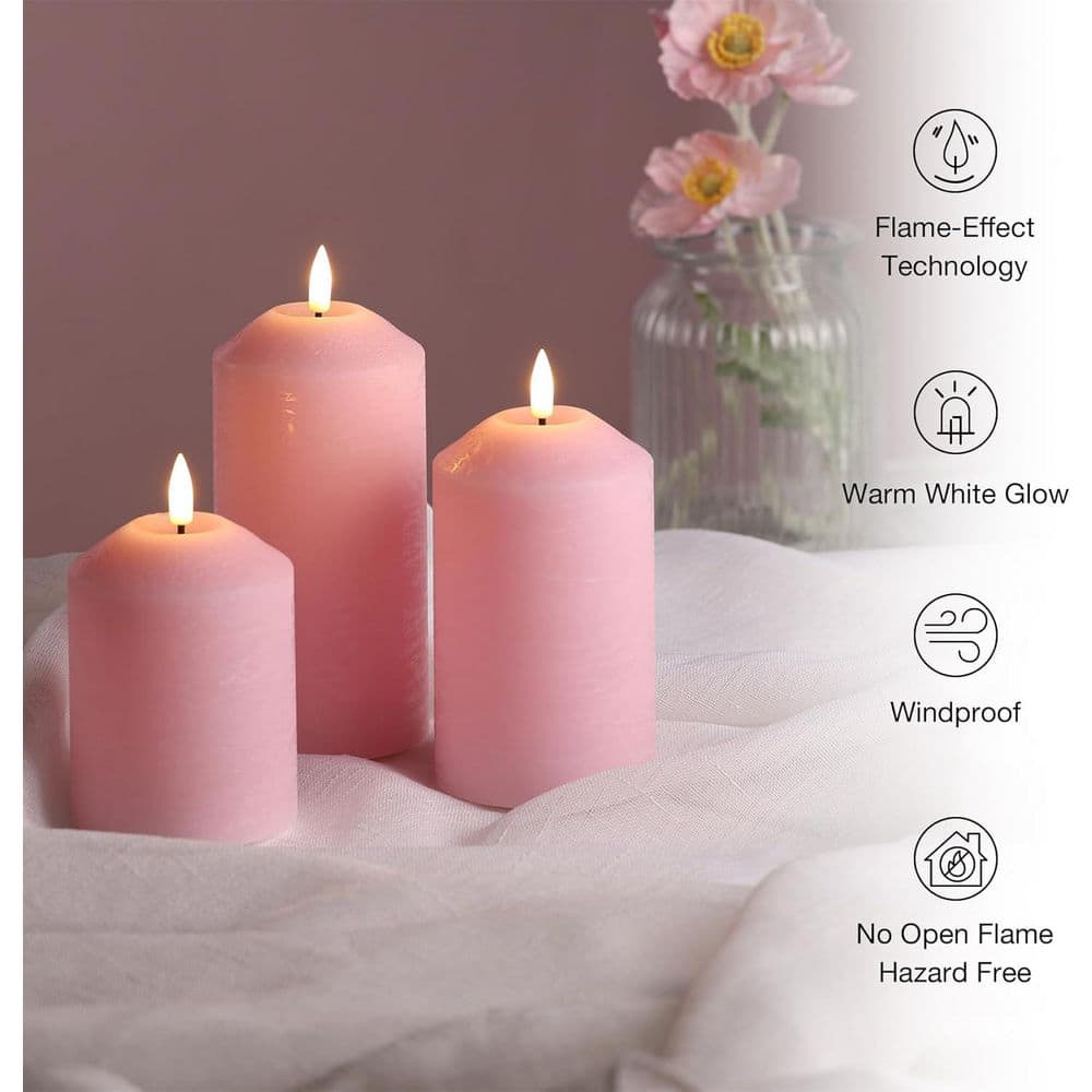 3 Pack Pink Flameless Pillar Candles with Remote: Real Wax, Flickering ...