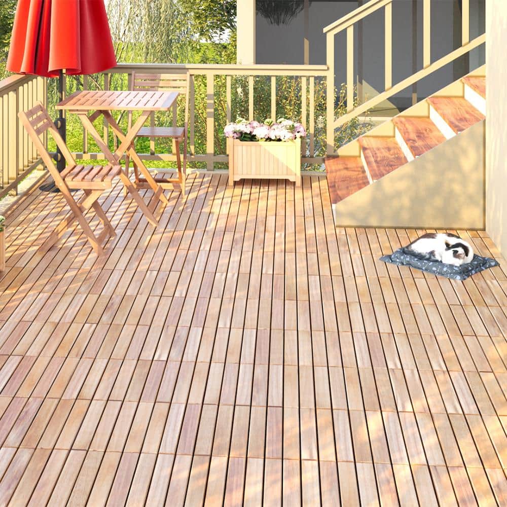 YOFE 1 ft. x 1 ft. Acacia Wood Interlocking Deck Tiles in Natural ...