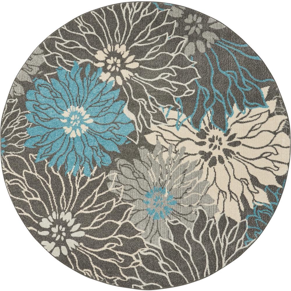 Nourison Passion Charcoal/Blue 8 ft. x 8 ft. Floral Contemporary Round ...