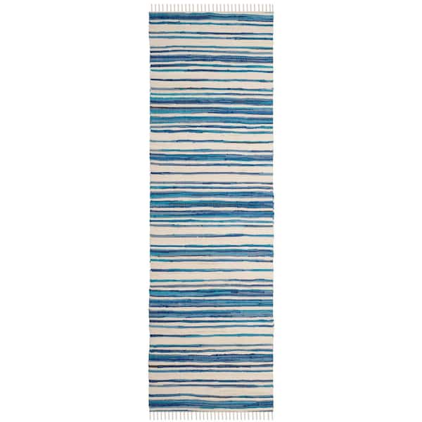 SAFAVIEH Rag Rug Ivory/Blue 2 ft. x 9 ft. Striped Runner Rug RAR126B-29 ...