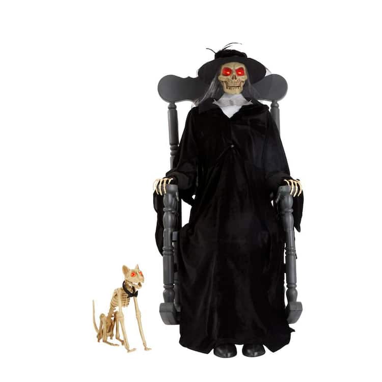 Home Accents Holiday 4 ft. Animated LED Rocking Chair Skeleton with Cat ...