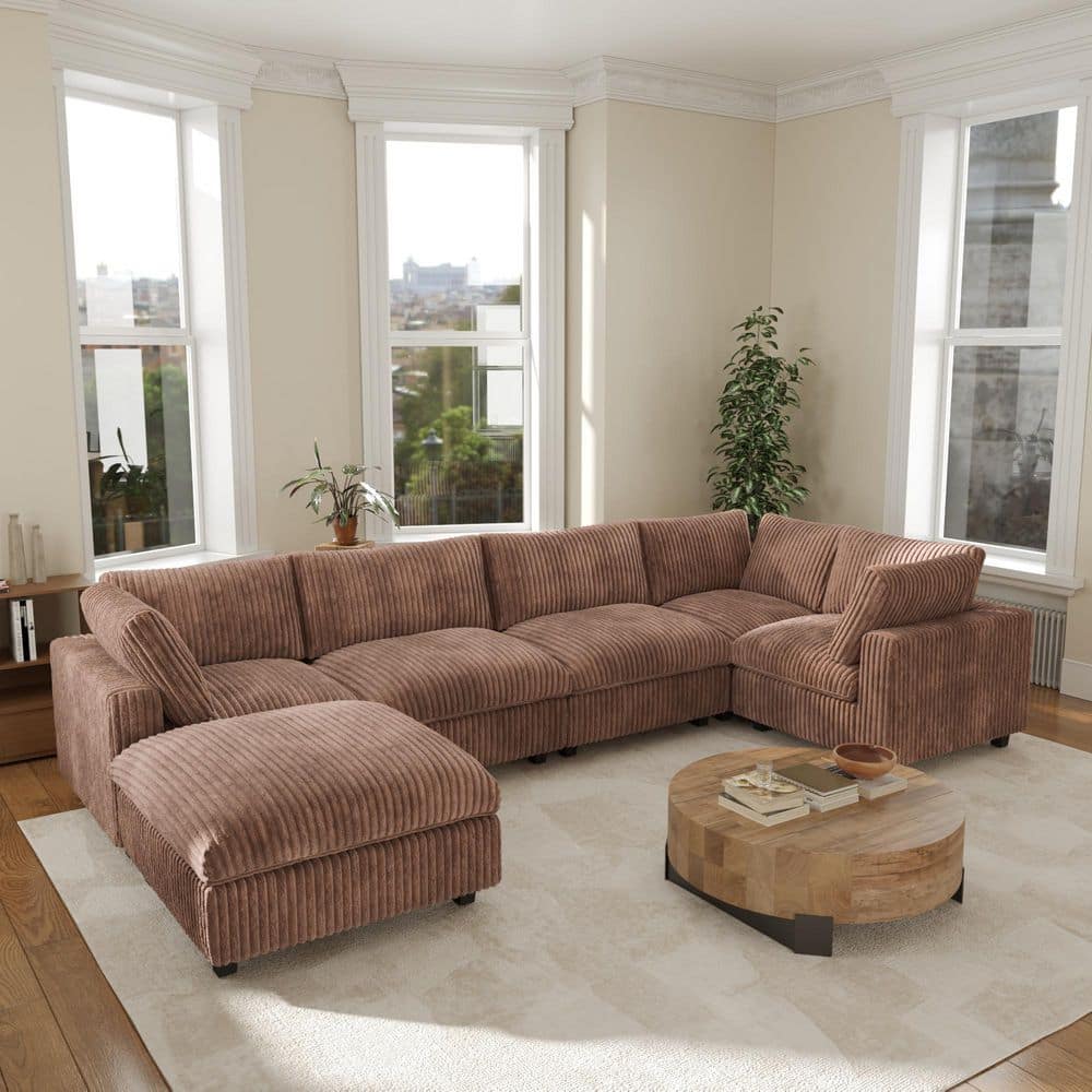 J&E Home 157.48 in. Square Arm 6-Piece Rabbit Velvet Plush Modular Free ...