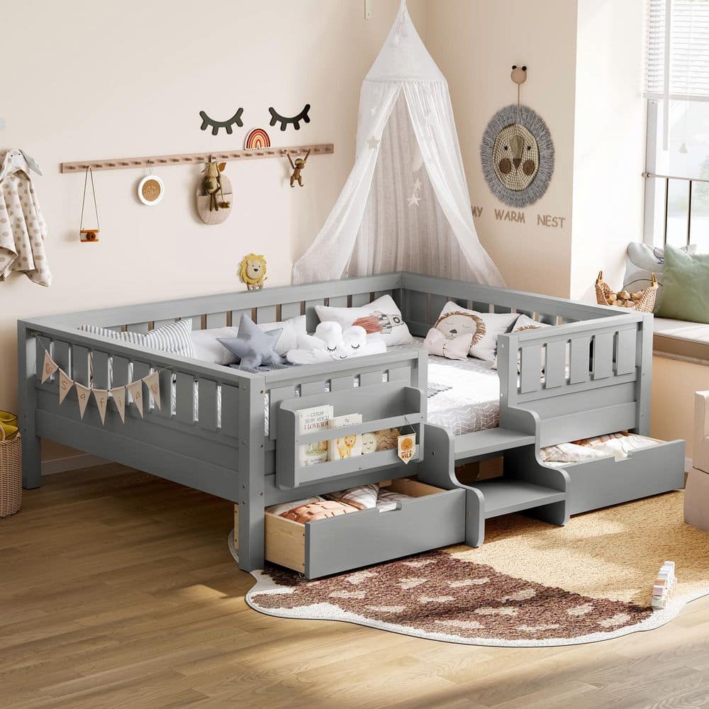 Nestfair Gray Full Daybed with Built-in Bookshelves, Drawers, Safety ...