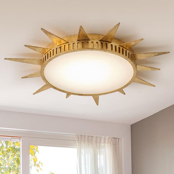 Parrot Uncle 25.2 in. 1-Light Vintage Gold Sun Burst 3 CCT Integrated LED Flush Mount Ceiling ...