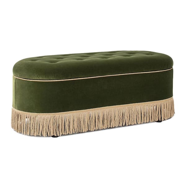 Jennifer Taylor Melinda Olive Green Oval Tufted Bullion Fringe Storage ...