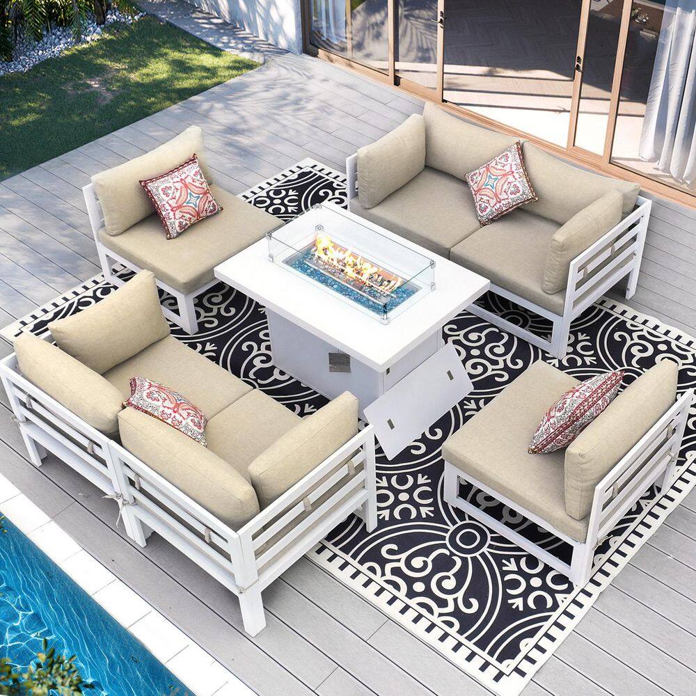 Outdoor 7-Piece White Aluminum Patio Conversation Set Fire Pit Patio ...
