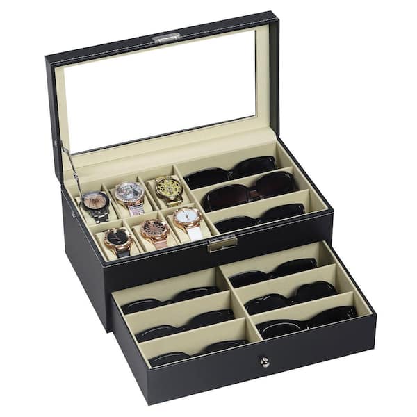6-Watch and 9-Glasses Storage Box-Lockable Leather Organizer, Black, 13 ...