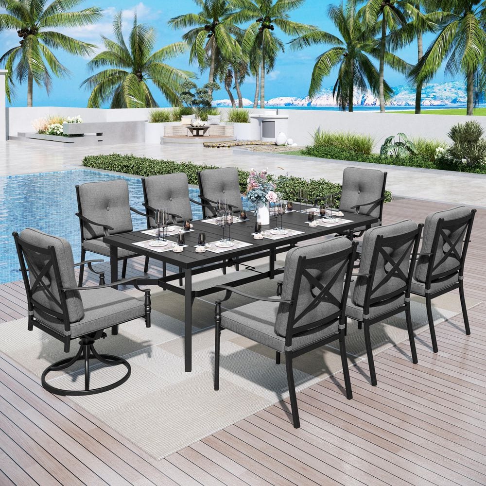 PHI VILLA 9-Piece Black Metal Patio Outdoor Dining Set with Slat Table ...