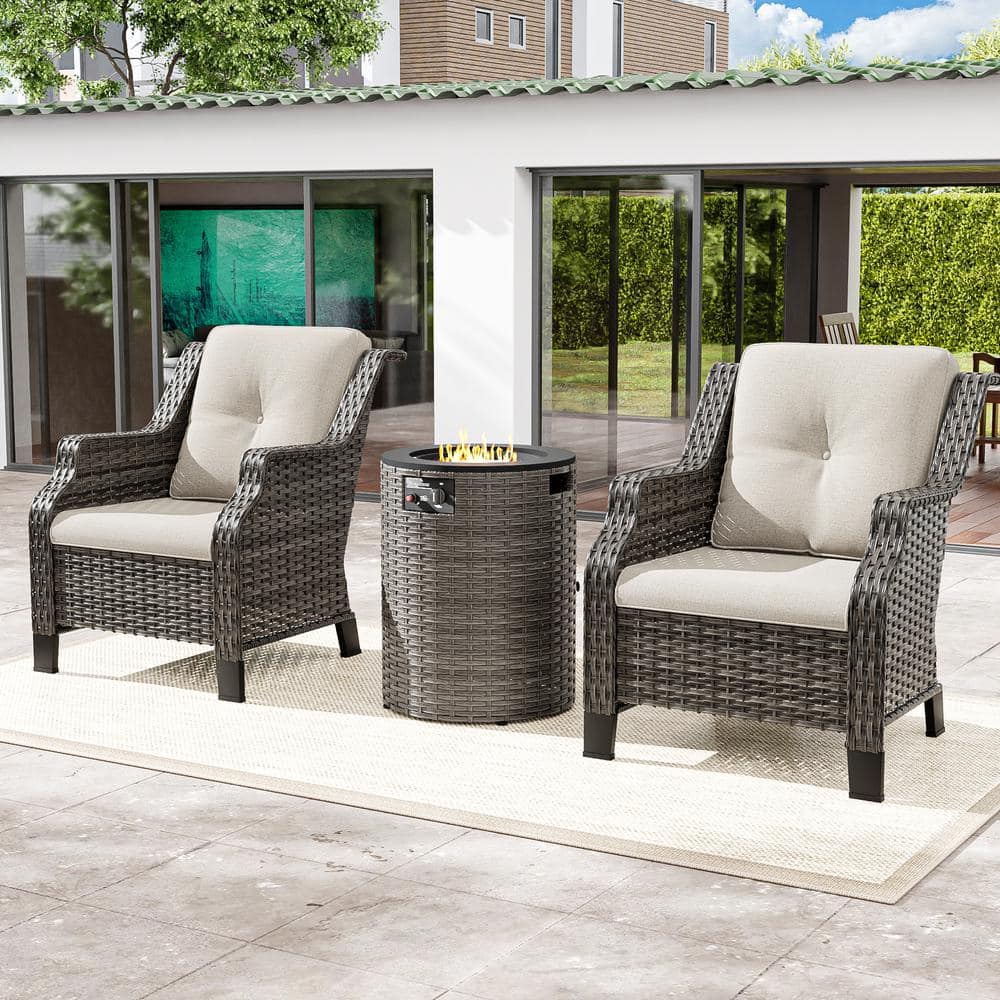 JOYSIDE 3-Piece Wicker Outdoor Patio Fire Pit Chair Set with Beige ...