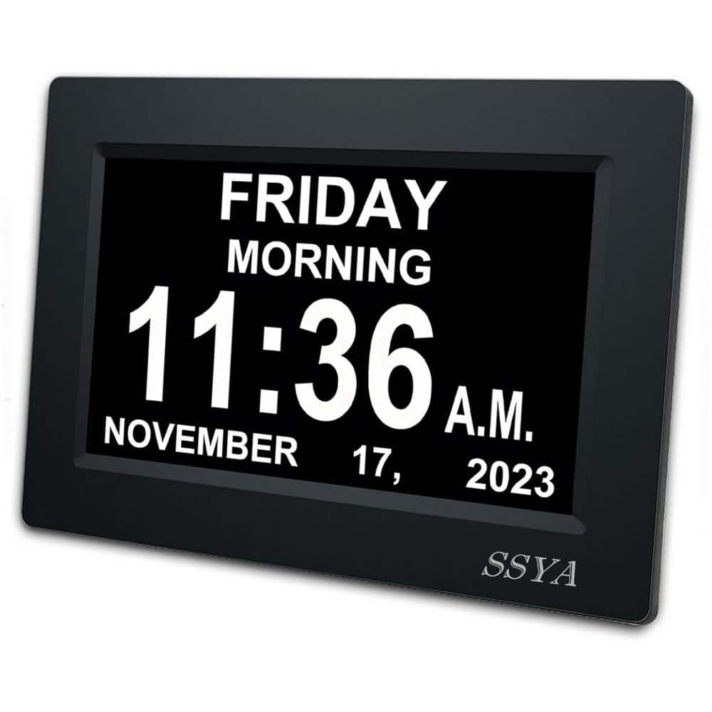 Afoxsos 7 in. Black Calendar Clock 12-Alarm Options, Level 5-Auto ...