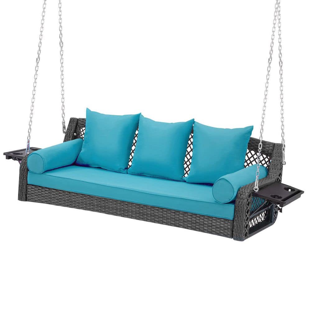 3-Seat Gray Double Ribs Wicker Outdoor Porch Swing Patio Swing Chairs ...