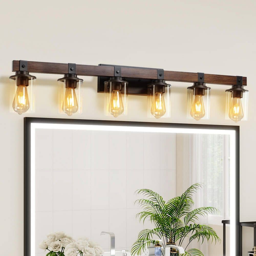 Gloweer 42 in. 6-Lights Walnut Vanity Lights, Wall Sconces with Glass ...