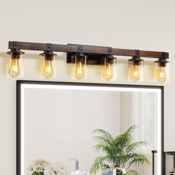 Gloweer 42 in. 6-Lights Walnut Vanity Lights, Wall Sconces with Glass ...