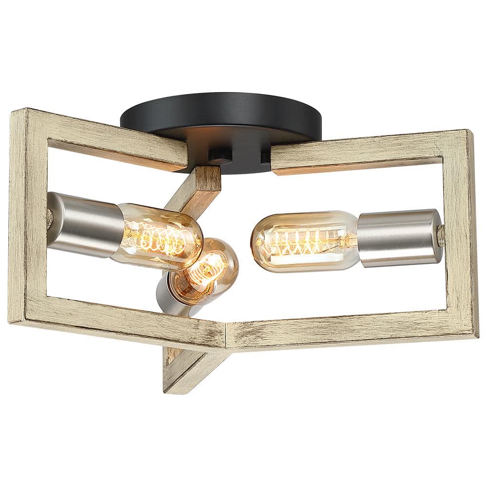 TRUE FINE 11.5 in. 3-Light Wood Tone Modern Farmhouse Semi-Flush Mount ...
