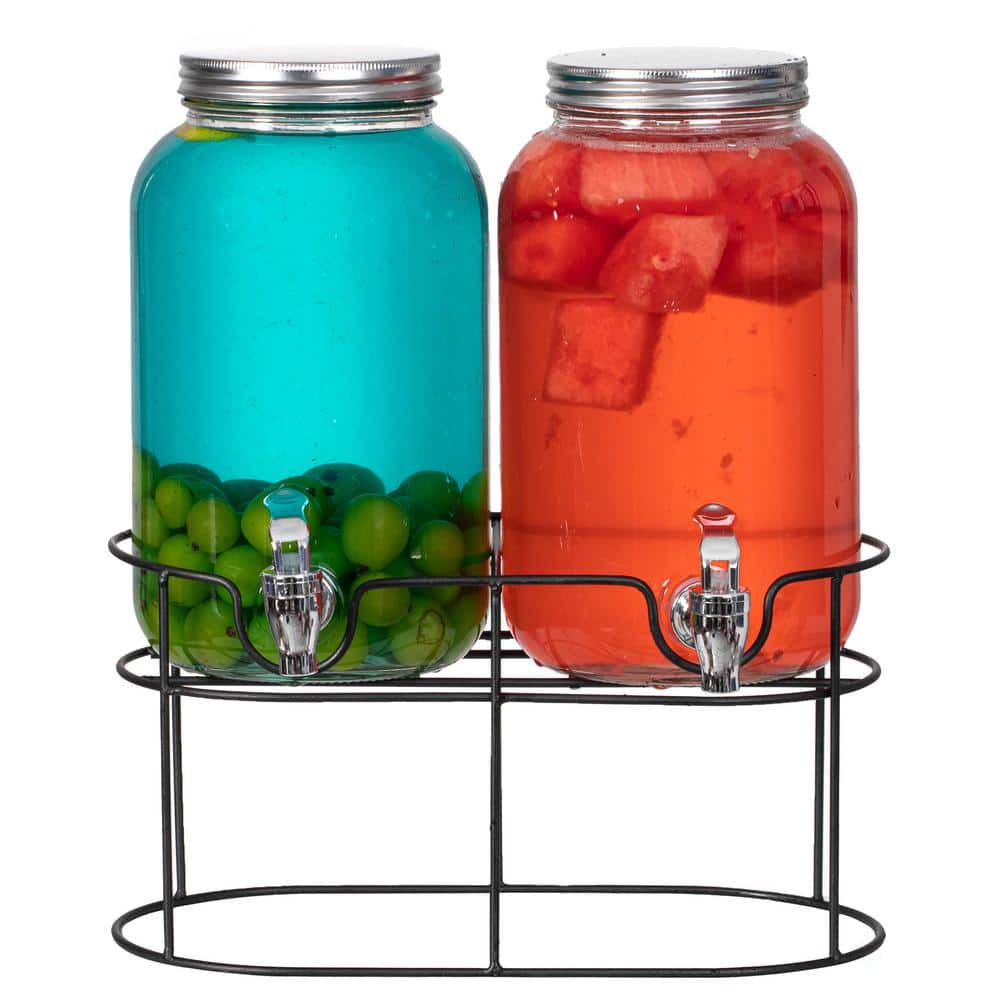 Basicwise 2-Pcs Versatile Glass Drink Dispenser Set with Metal Stand ...