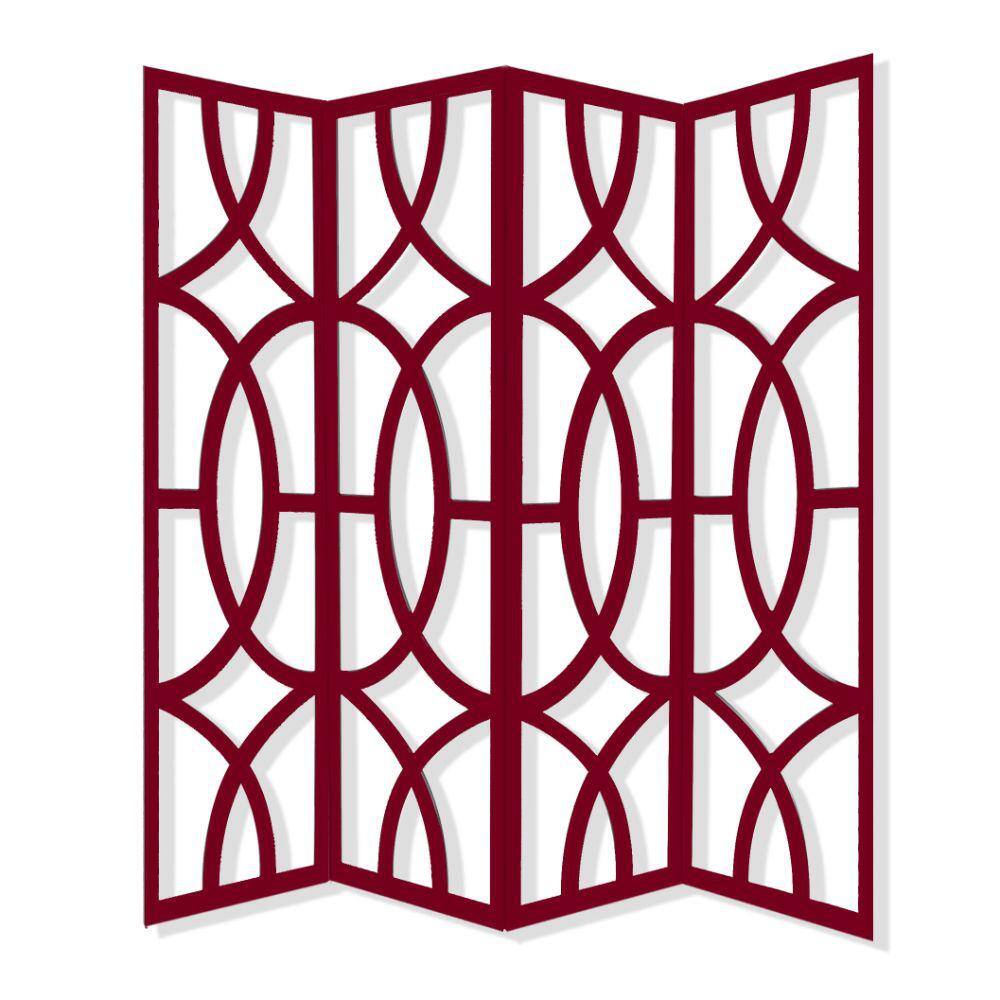 Benjara Red 4 Panel Modern Style Screen with Geometrical Stencil Design ...