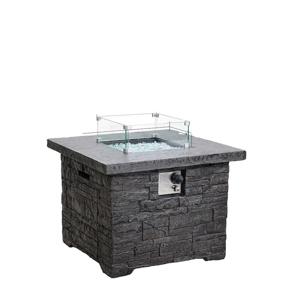 32 in. Square Outdoor Imitation Stone Look Fire Pit Table 50000 BTU Gas ...
