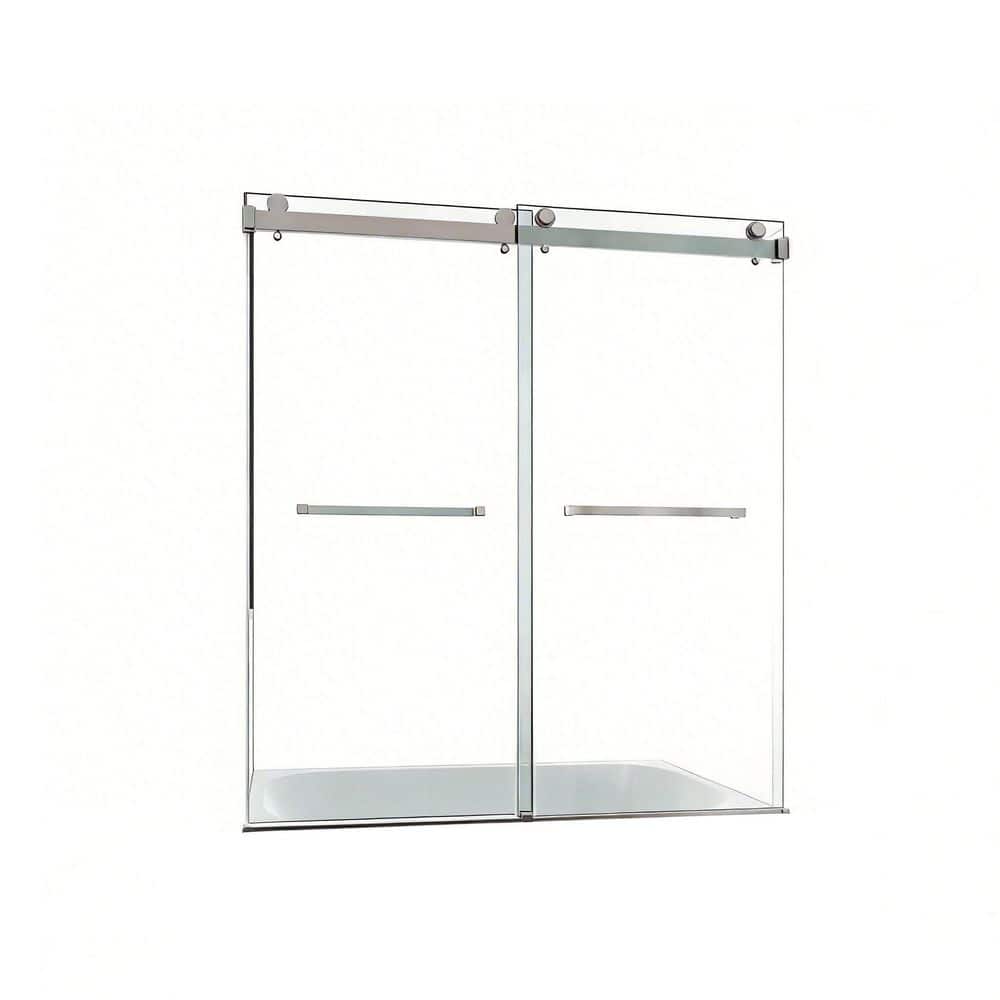 LIVACA 60 in. W x 66 in. H Double-Sliding Frameless Tub Door in Brushed ...