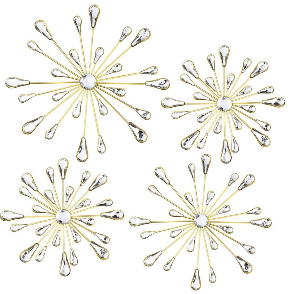 PALEO HOME LLC 4 Pack 11.8 in. x 11.8 in. Gold Metal Starburst Wall Decor Bling Wall Art Crystal ...