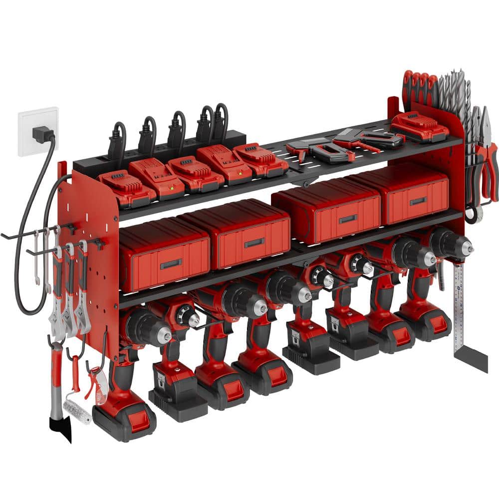 Power Tool Organizer- 8 Drill Wall Mount with Charging Station, Red ...