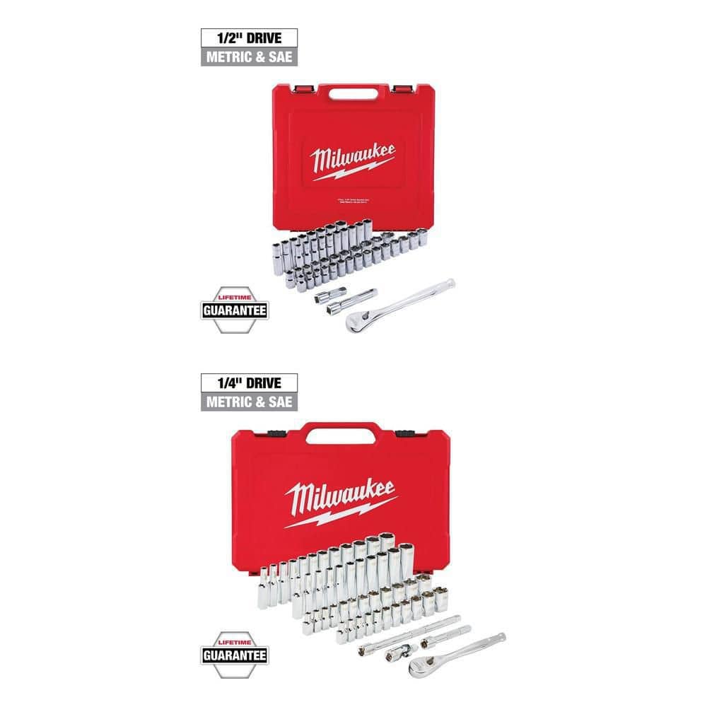 Milwaukee 1/2 in. Drive SAE/Metric Ratchet and Socket Mechanics Tool Set (47-Piece) and 1/4 in ...