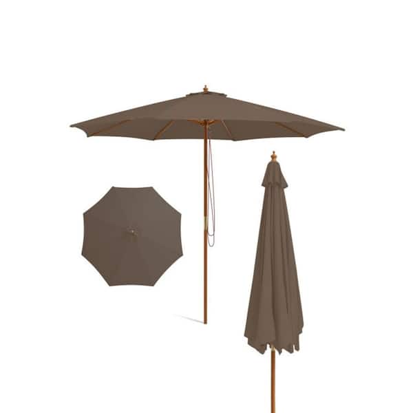 WELLFOR 10 ft. Wood Market Patio Umbrella in Brown with Rope Pulley ...
