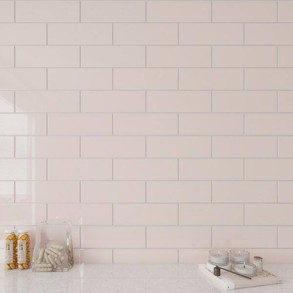 Rose Pale Pink 4 in. x 12 in. Wall Glossy Subway Glass Tile (5 sq. ft ...