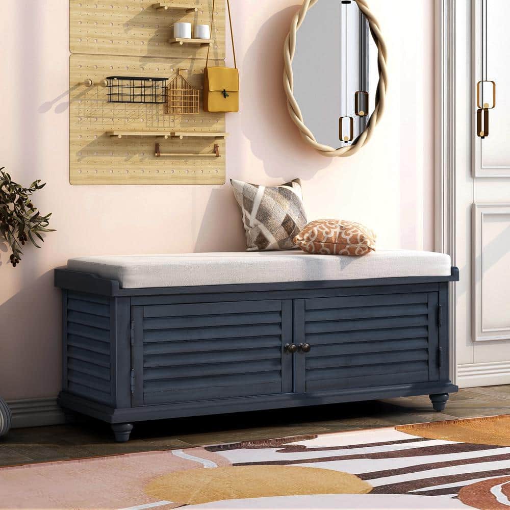 Harper & Bright Designs Louver Design Dark Blue Wooden Storage Bench ...