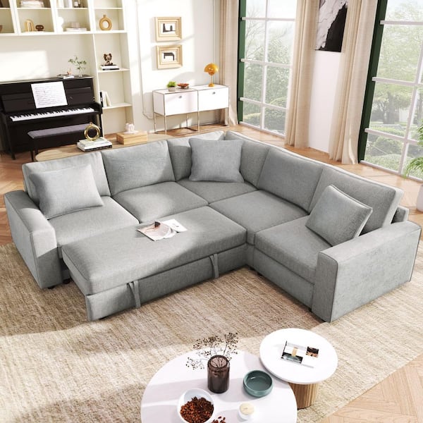 J E Home 100 in. Square Arm 5 piece L Shaped Linen Modern Sectional Sofa with Thick Backrest and Seat Cushions in. Gray GD WY000389AAE