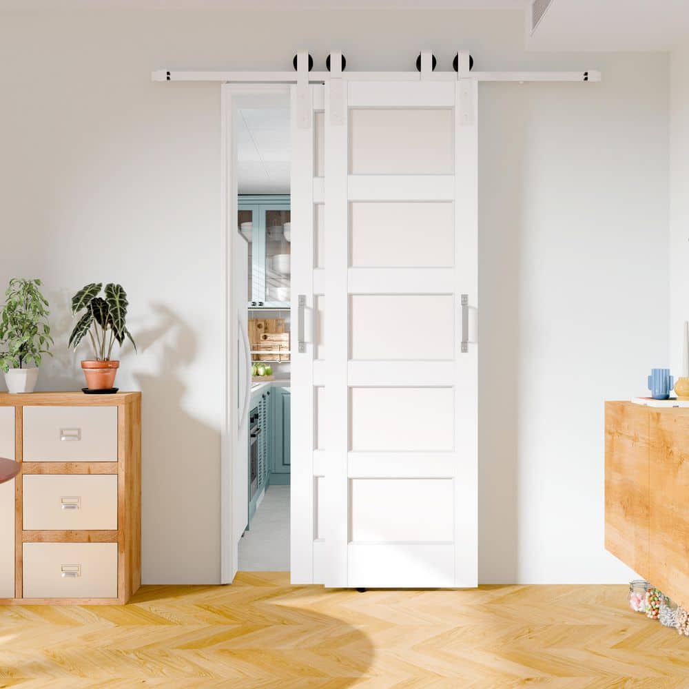 TENONER 48 in. x 80 in. 5 Panel Core White Primed Pine Wood Bypass Barn ...