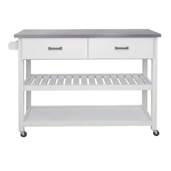 AOPSPS White E1 MDF Kitchen Cart with 2 Drawers, Stainless Steel Top ...