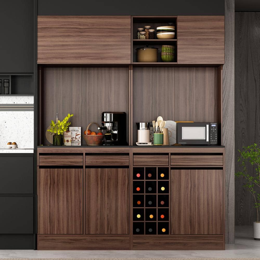 FUFU&GAGA Walnut Color Wood 63 in. W Food Pantry Cabinet With Buffet ...