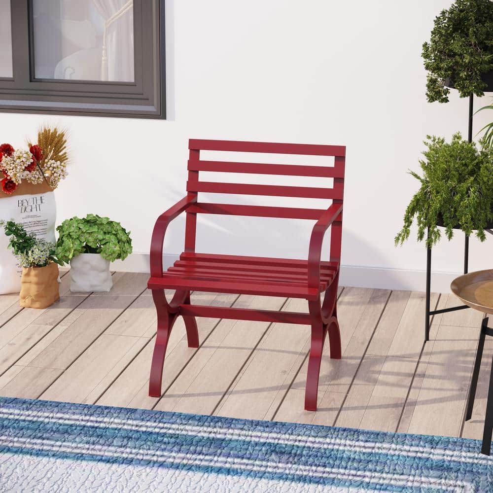 PHI VILLA Modern Slatted Steel Patio Red Single Seat Garden Bench with ...