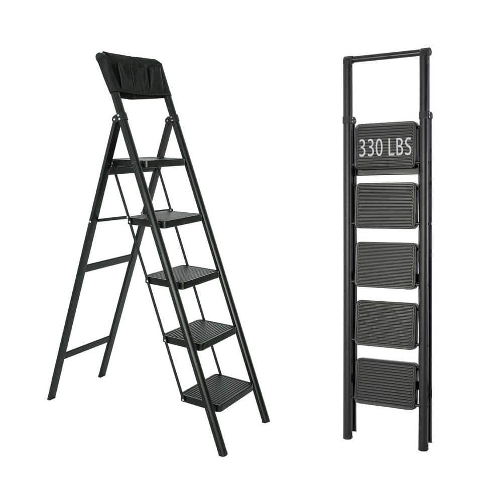 Huluwat 5 ft. Reach 5-Step Iron Foldable Ladder with Tool Bag Load ...