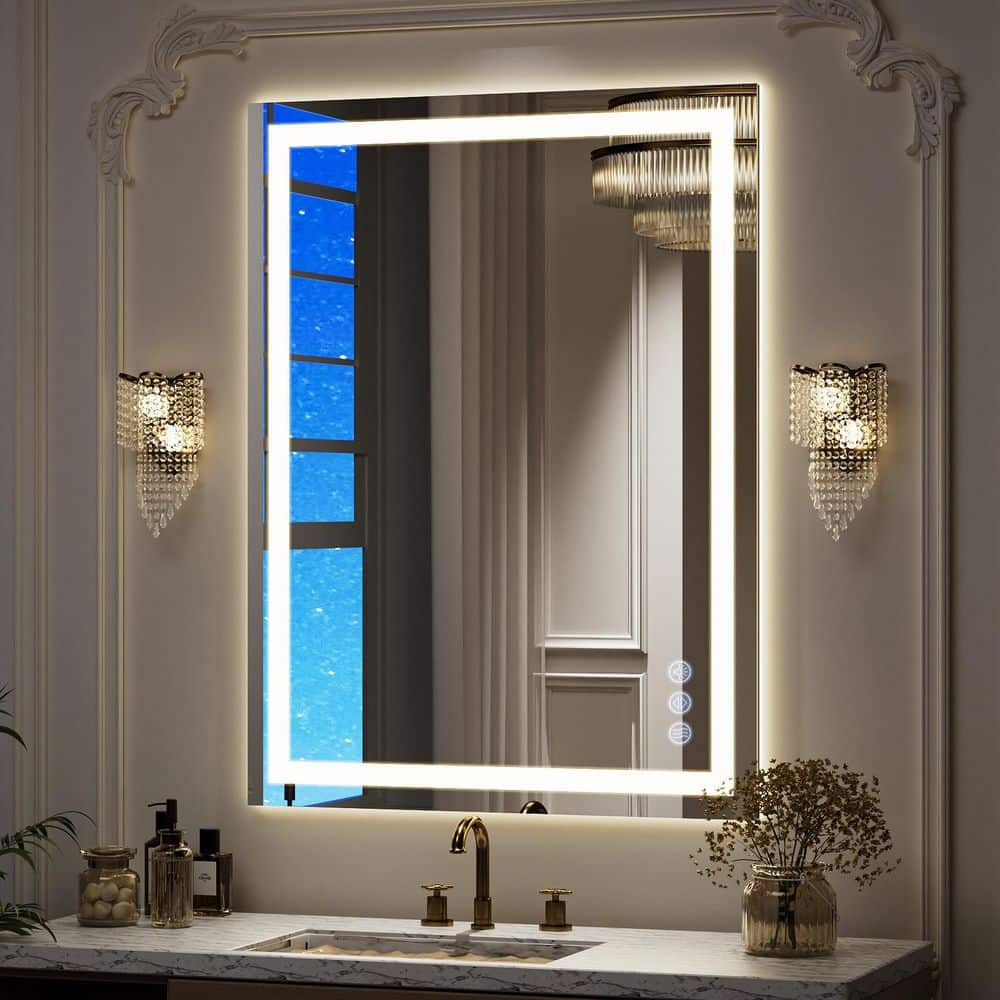 XRAMFY White 24 in. W x 32 in. H LED Lighted Rectangle Bathroom Vanity ...