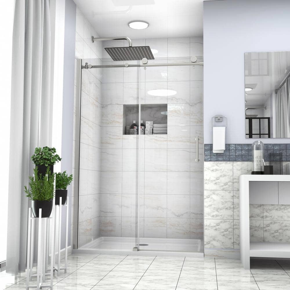 Boosicavelly 48-48.8 in. W x 76 in. H Single Sliding Semi-Frameless Shower Door in Brushed ...