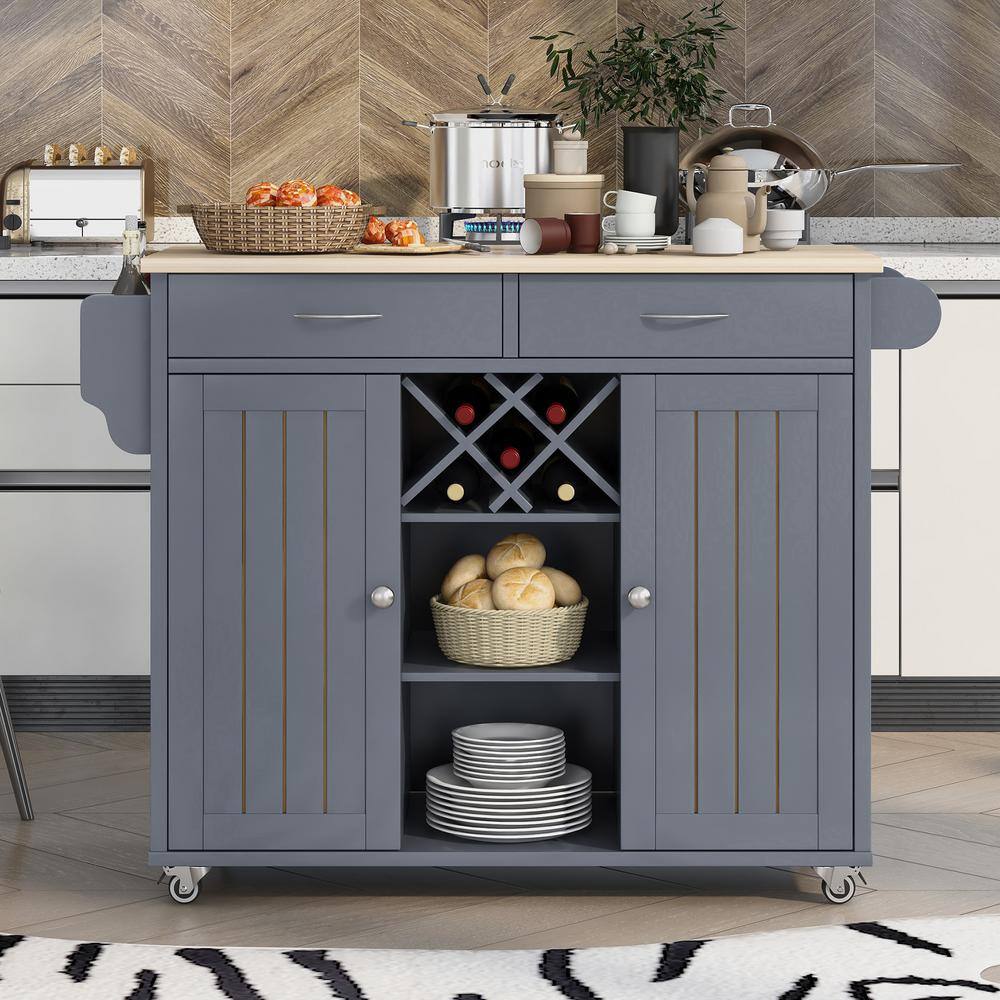 Movisa Blue Kitchen Island Cart with Wood Top MVKIC01