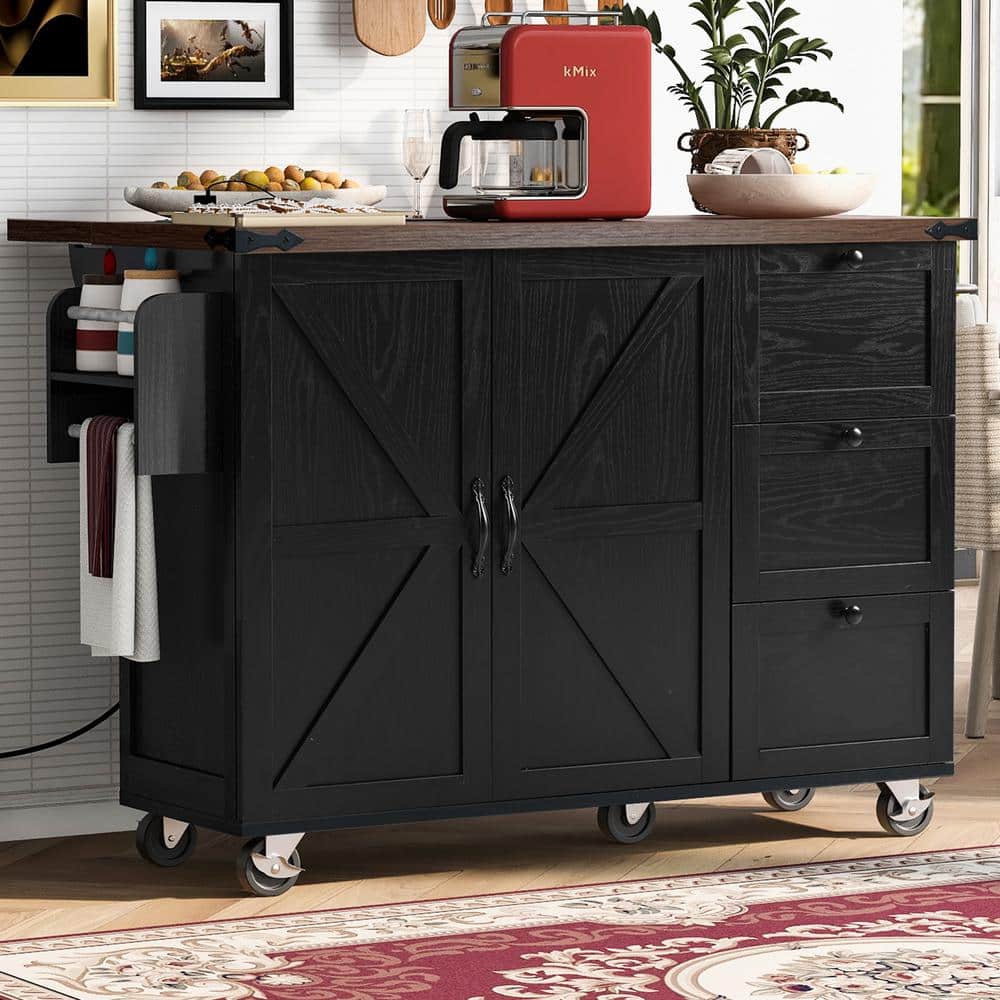 Staykiwi Black MDF Kitchen Cart with 2 Door Cabinet, Spice Rack, Drop ...
