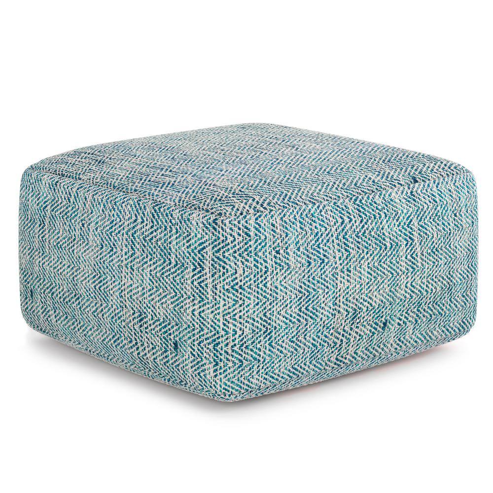 Simpli Home Nate Boho Square Pouf in Patterned Teal Melange Cotton ...
