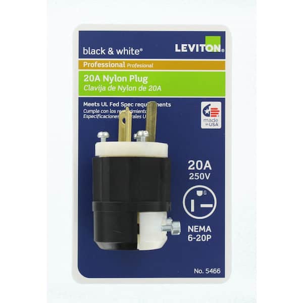 Leviton 20 Amp 250-Volt Straight Blade Plug, Black and White 5466-CS ...