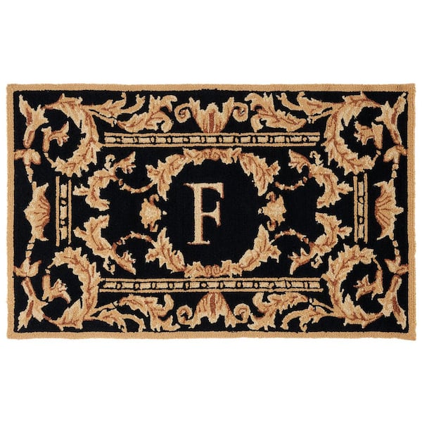 SAFAVIEH Monogram Black 3 ft. x 4 ft. "F" Ornate Leaf Indoor/Outdoor ...