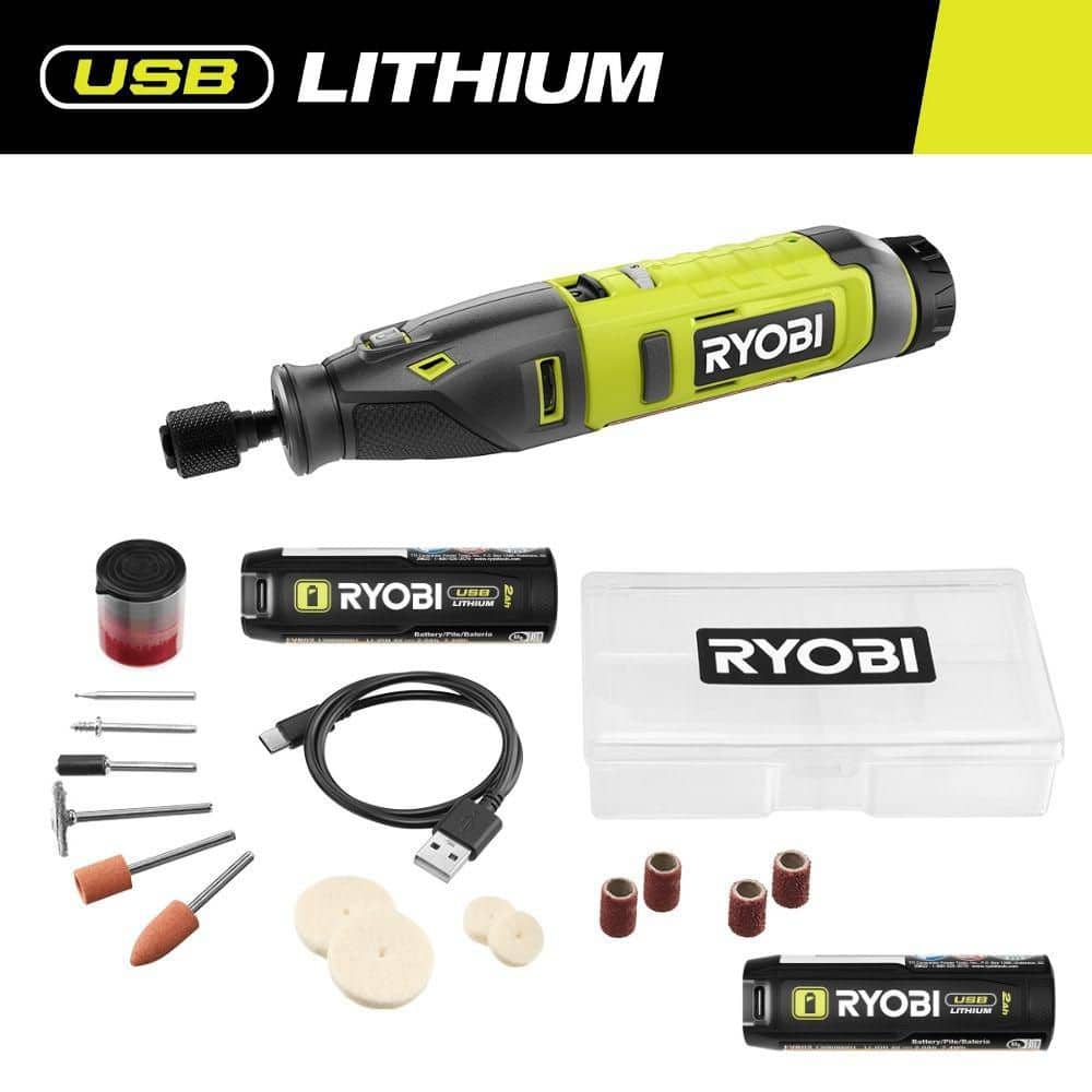 RYOBI USB Lithium Rotary Tool Kit with USB Lithium 2.0 Ah Lithium ...